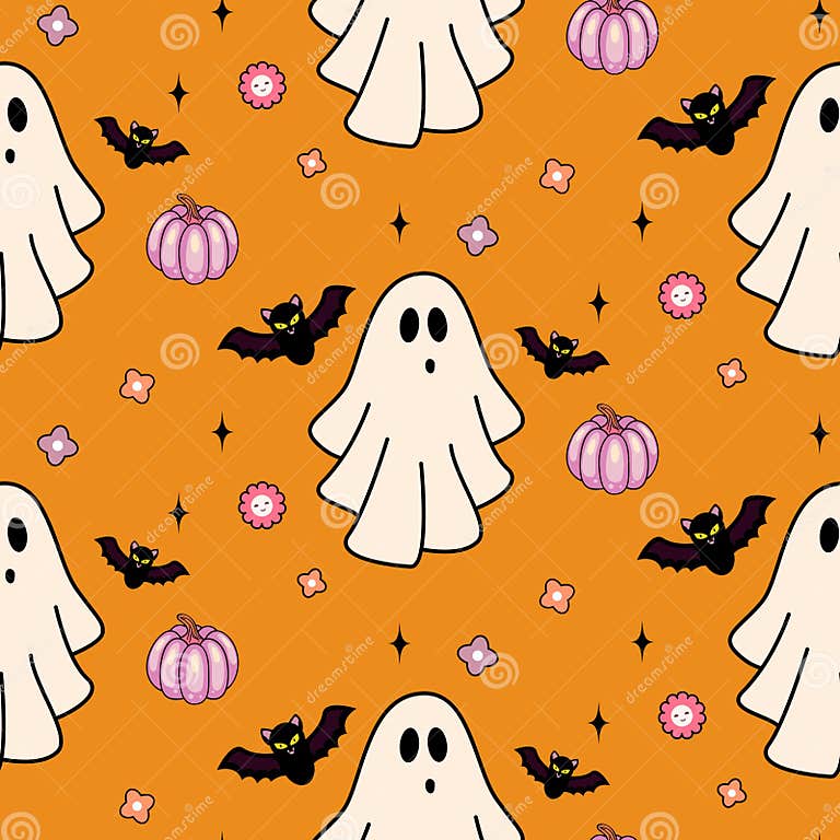 Halloween Spooky Orange Seamless Pattern Background with Ghosts and ...