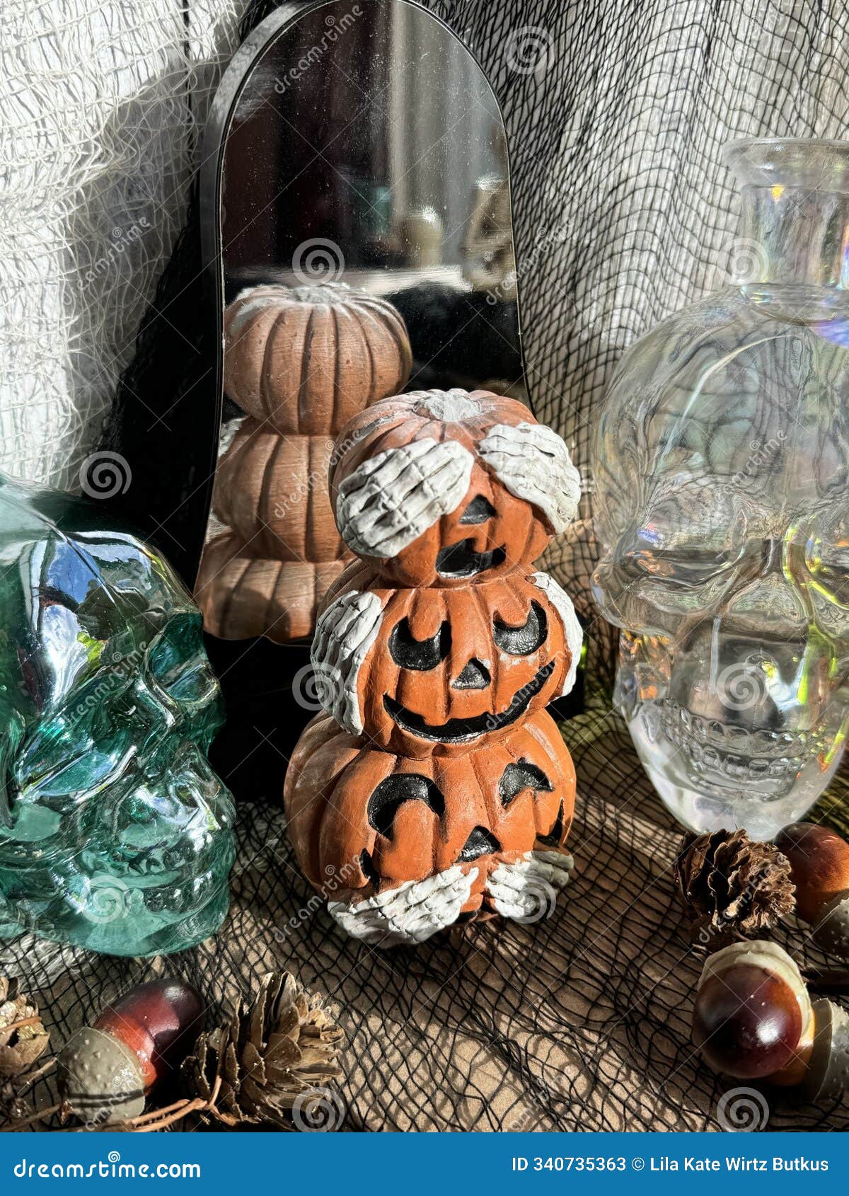 Halloween Stack of Jack O Lantern Pumpkins, Hear, See, Speak No Evil ...
