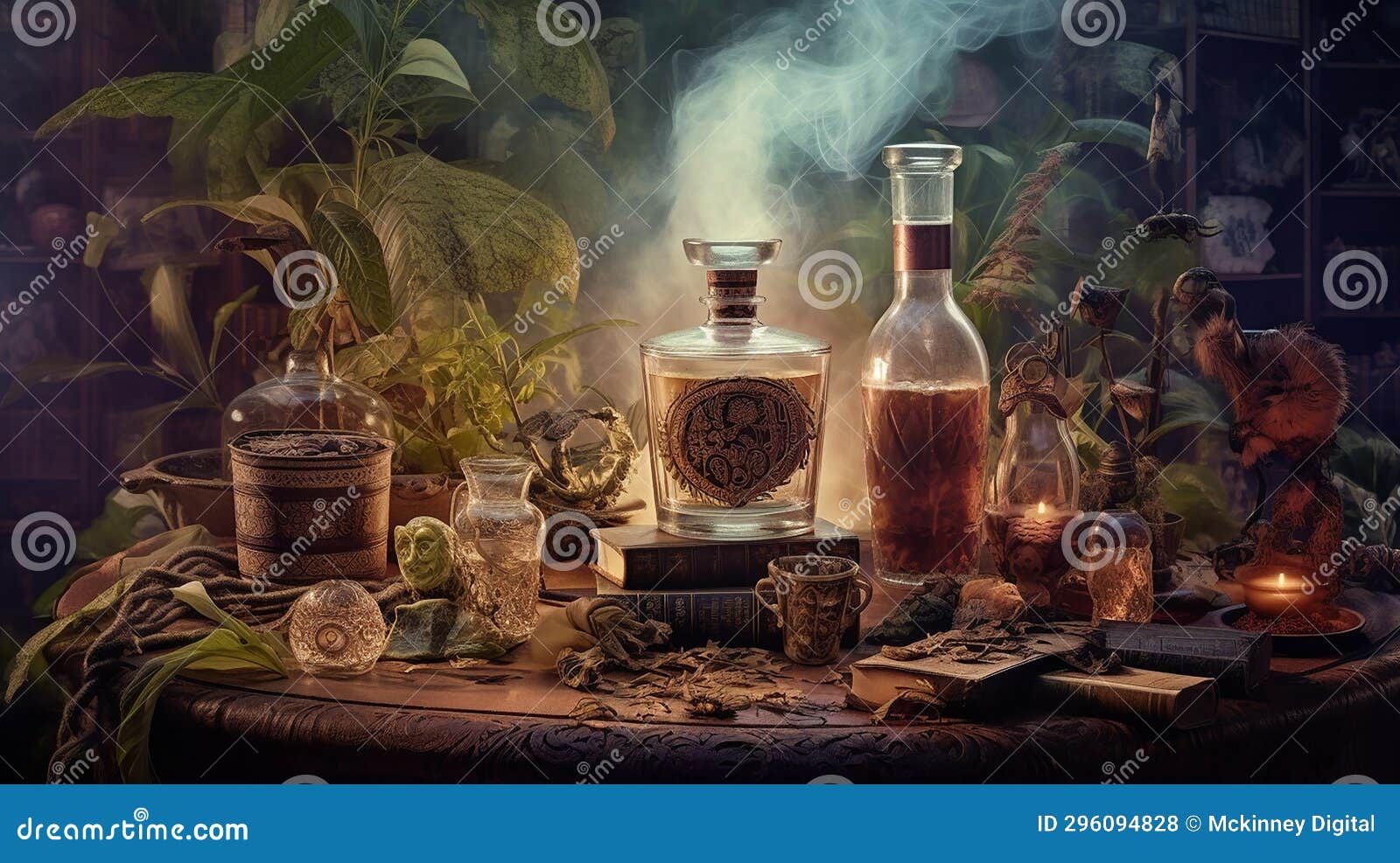 Halloween Style Image of a Table Full of Potions and Containers Full of ...