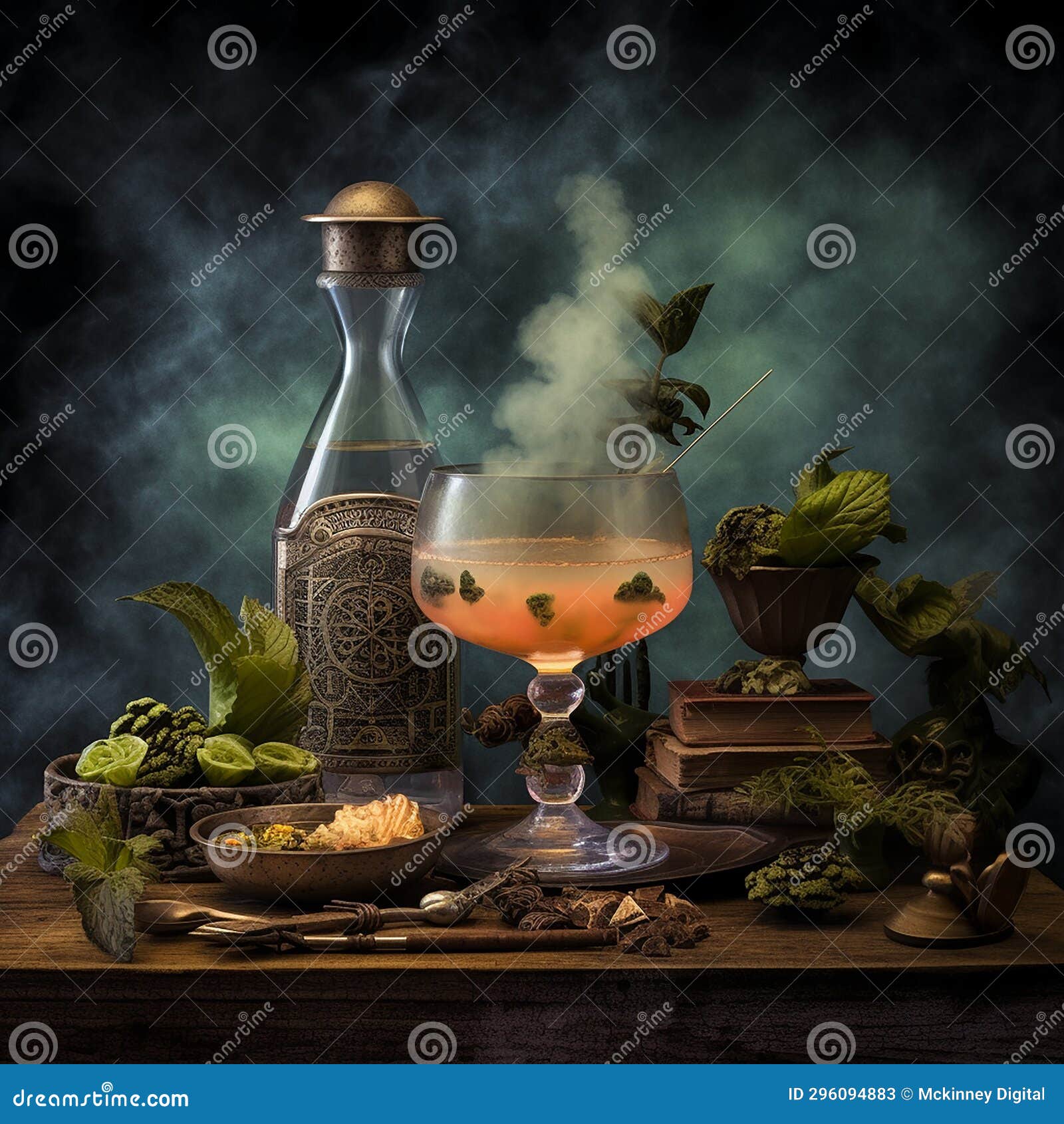 Halloween Style Image of a Table Full of Potions and Containers Full of ...