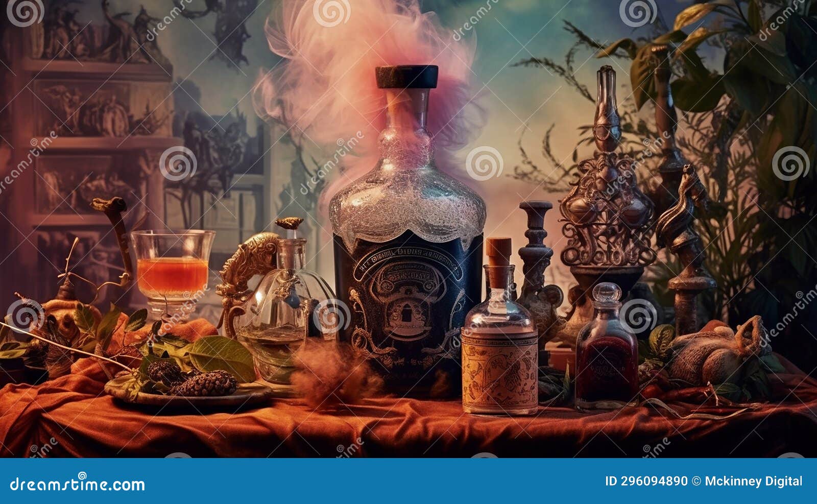 Halloween Style Image of a Table Full of Potions and Containers Full of ...