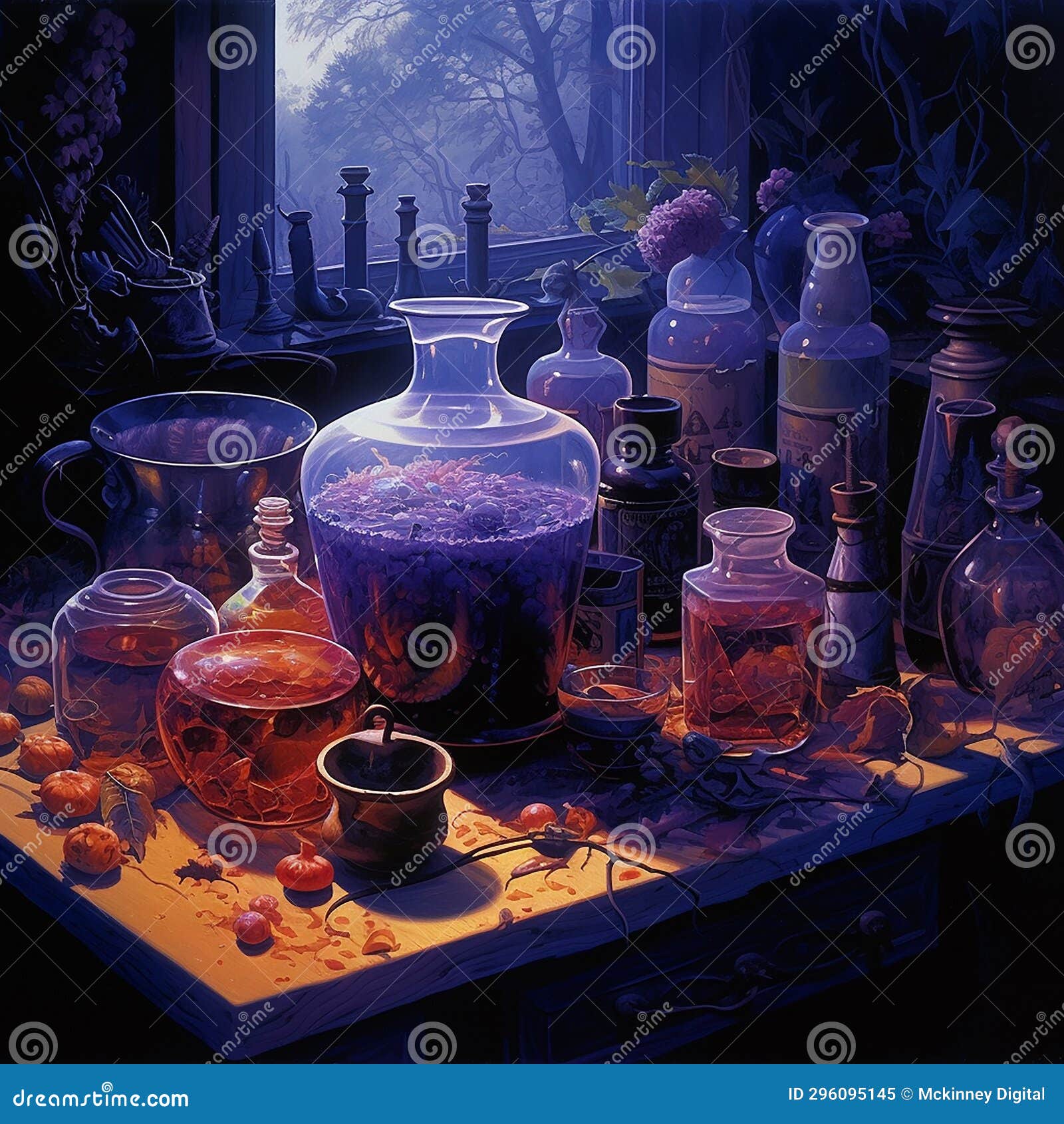 Halloween Style Image of a Table Full of Potions and Containers Full of ...