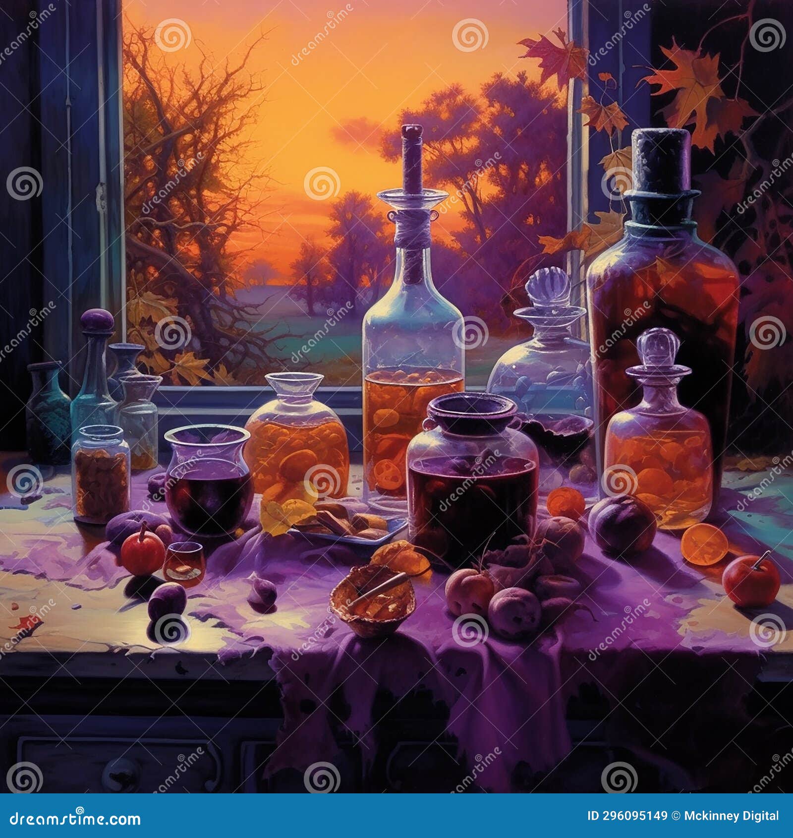 Halloween Style Image of a Table Full of Potions and Containers Full of ...