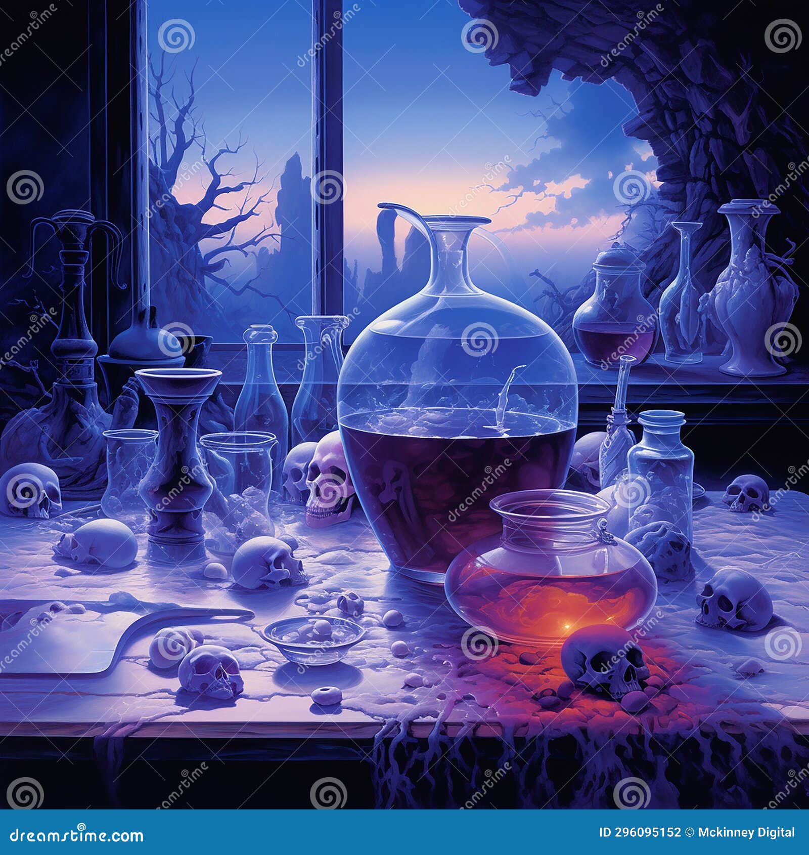 Halloween Style Image of a Table Full of Potions and Containers Full of ...