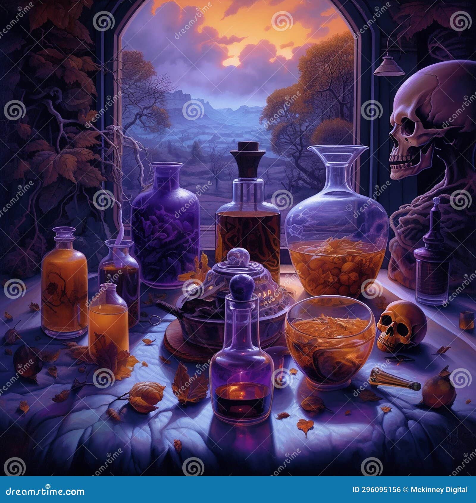 Halloween Style Image of a Table Full of Potions and Containers Full of ...