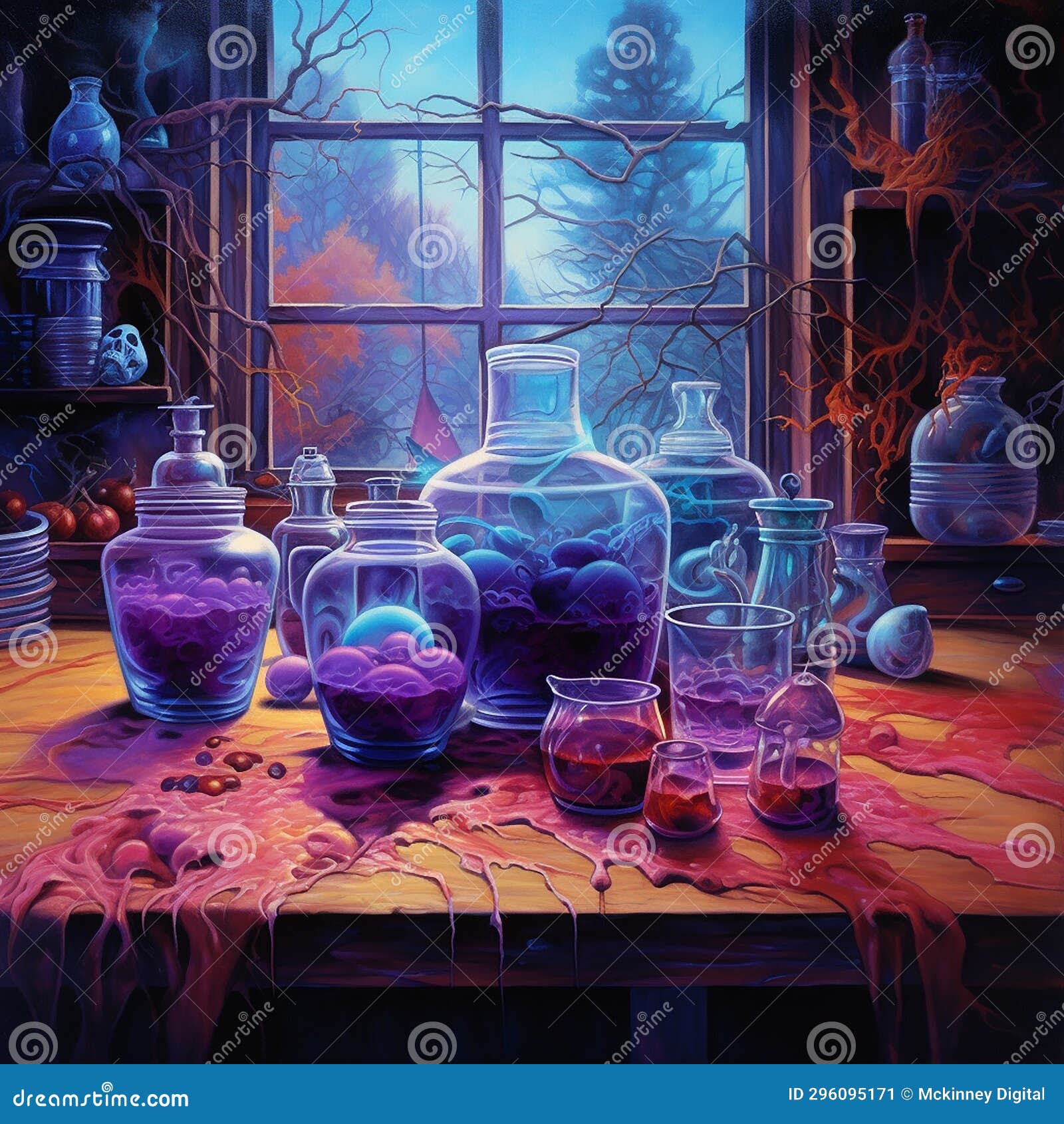 Halloween Style Image of a Table Full of Potions and Containers Full of ...
