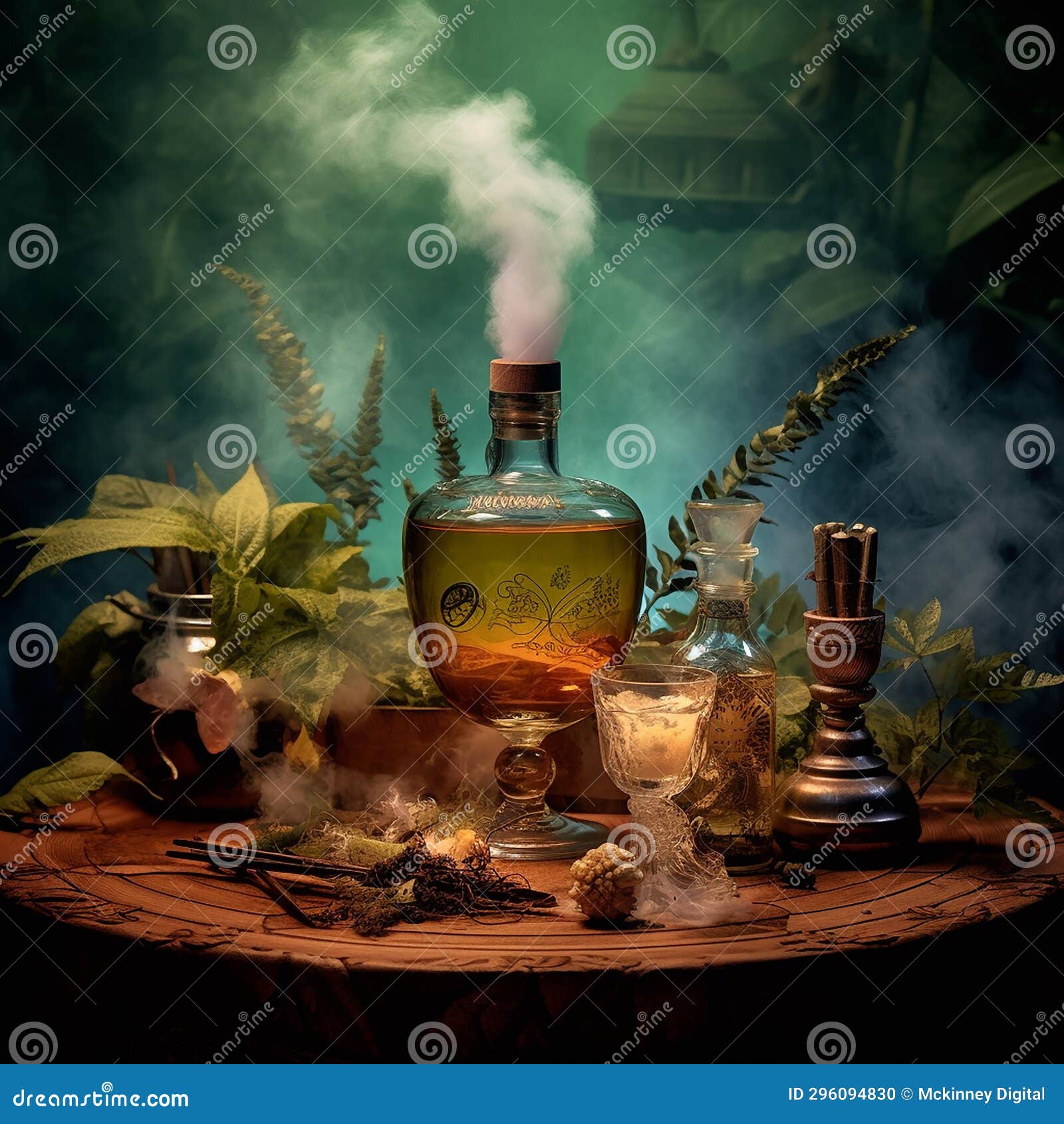 Halloween Style Image of a Table Full of Potions and Containers Full of ...