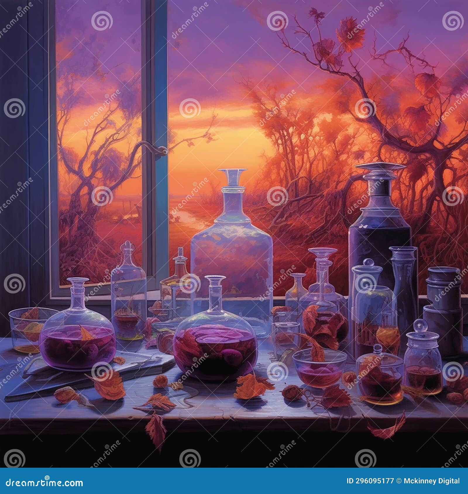 Halloween Style Image of a Table Full of Potions and Containers Full of ...