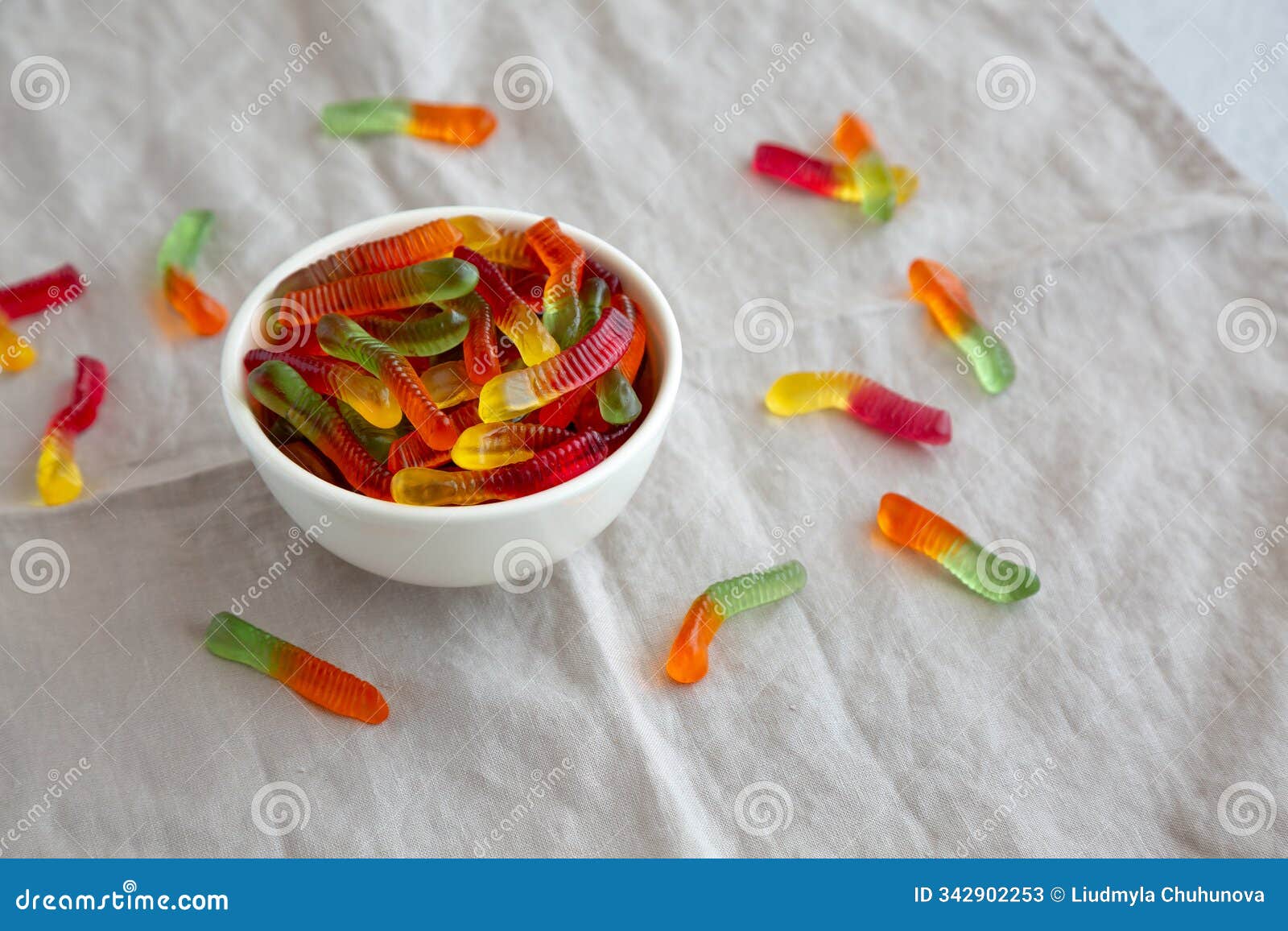 Halloween Sweet Fruit Gummy Worms in a Bowl, Side View Stock Image ...