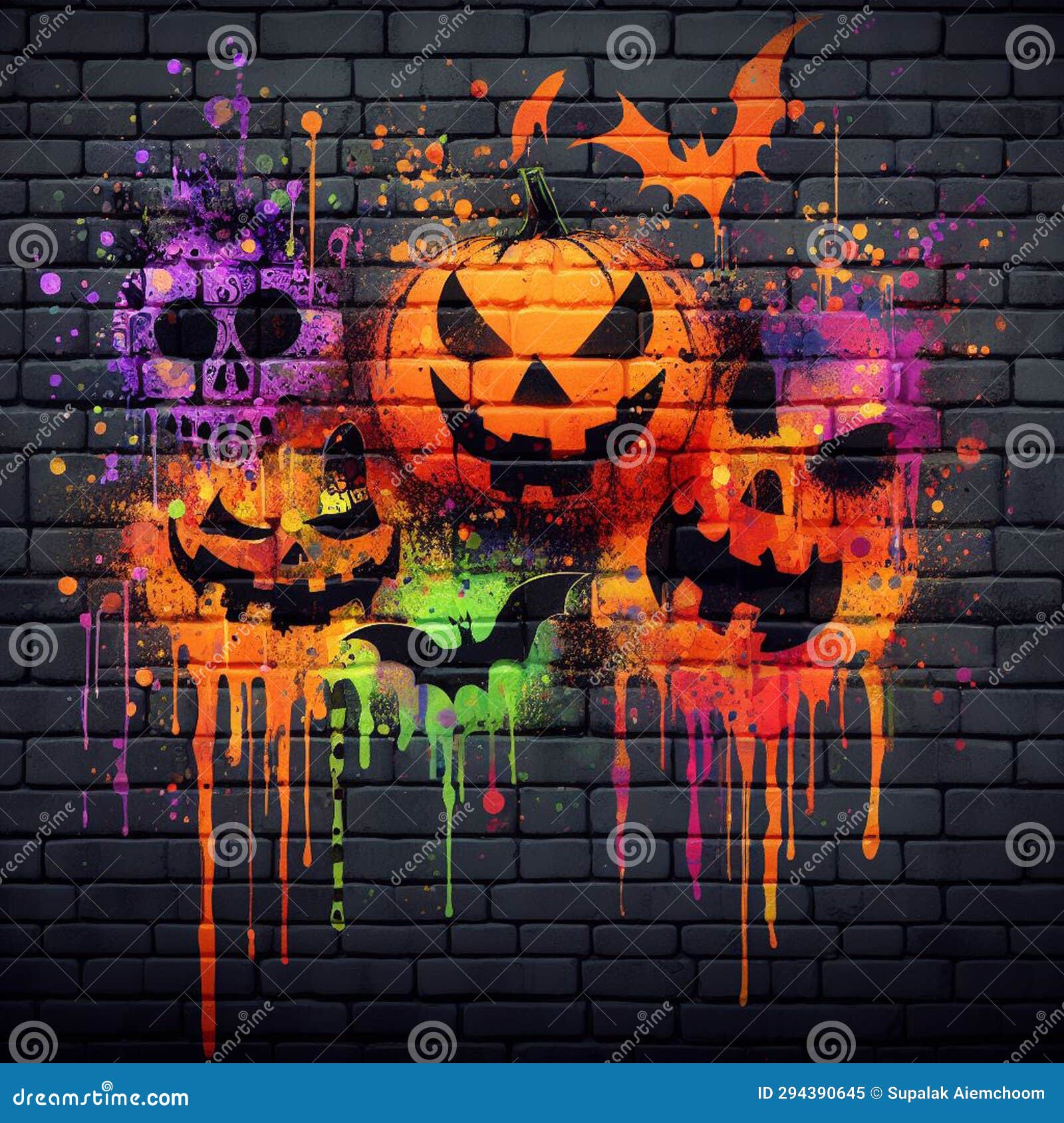 Halloween Symbols on Brick Wall, Splash Style Stock Illustration ...