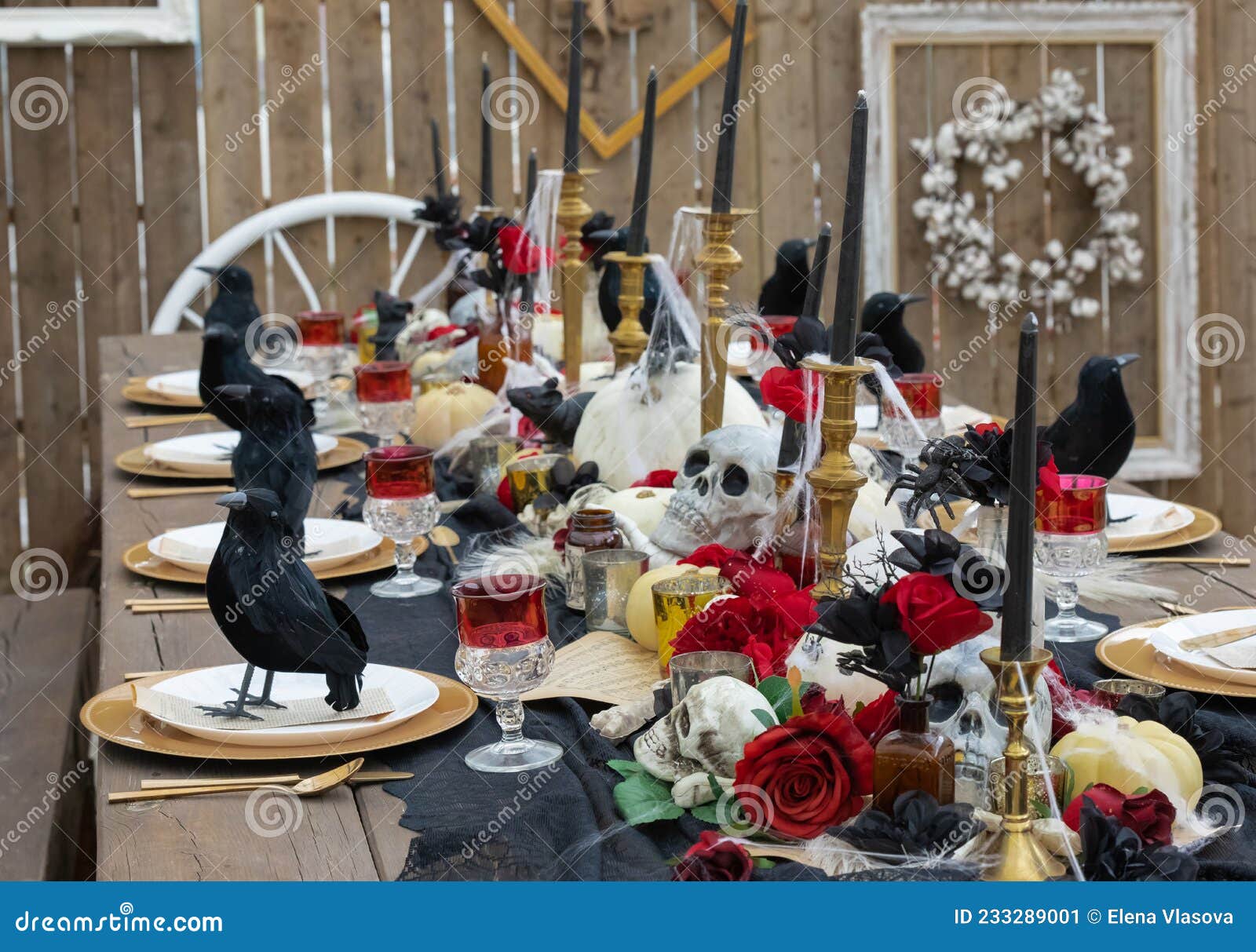 Halloween Table Setting with Squashes and Skeletons, Skulls, Ravens or ...