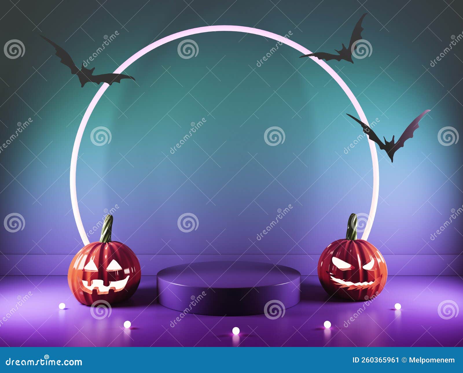 Halloween Theme with Pumpkin Ghosts and Bats in Front of the Light Arch ...
