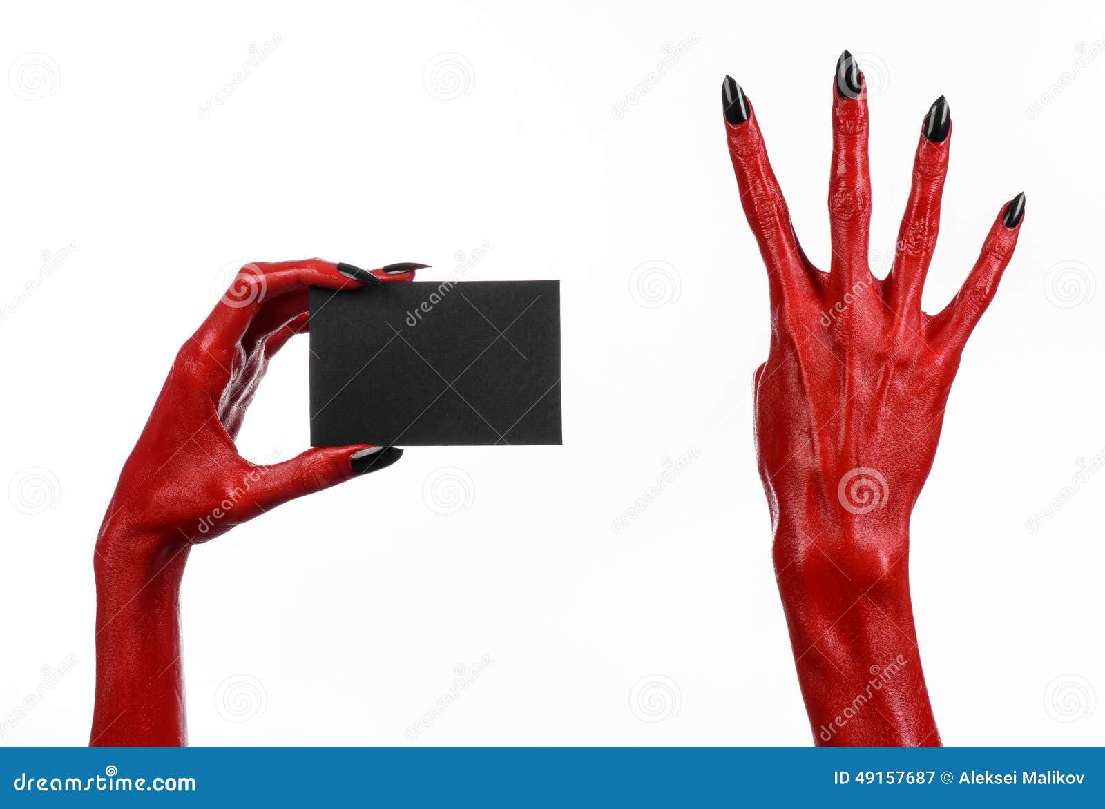 Halloween Theme: Red Devil Hand with Black Nails Holding a Blank Black ...