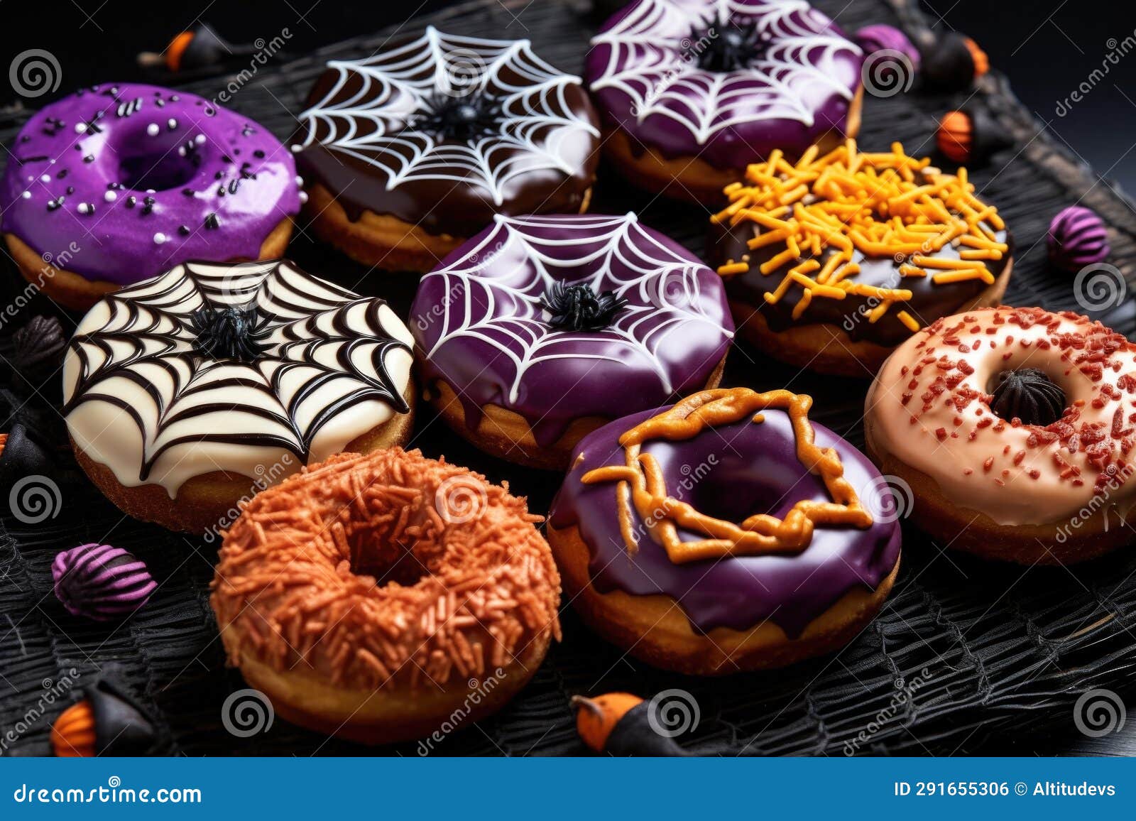 Halloween-themed Doughnuts with Various Icing Designs Stock Photo ...