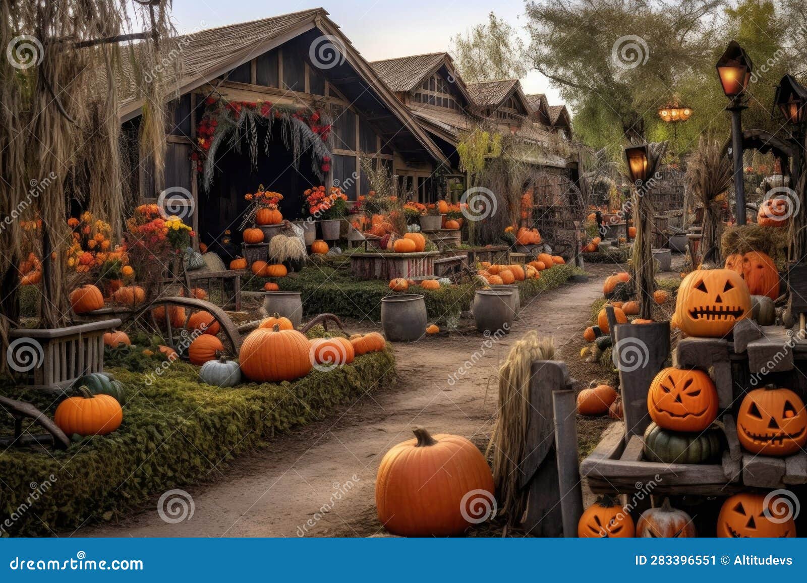 Halloween-themed Pumpkin Patch with Spooky Decorations Stock ...