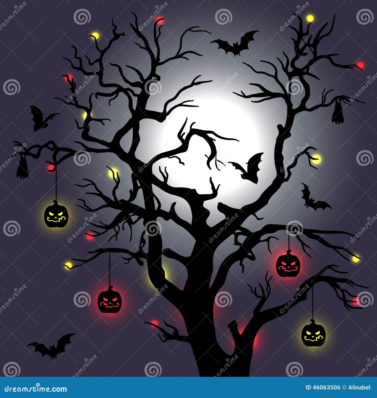 Halloween Tree with Bats and Moon. Vector Stock Vector - Illustration ...