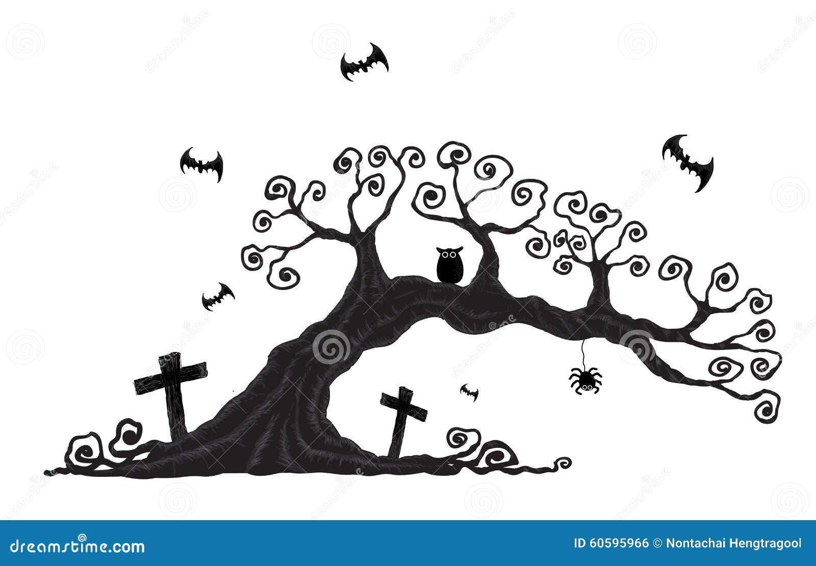 Halloween Trees And Tombstones Seamless Outline Pattern Isolated On ...