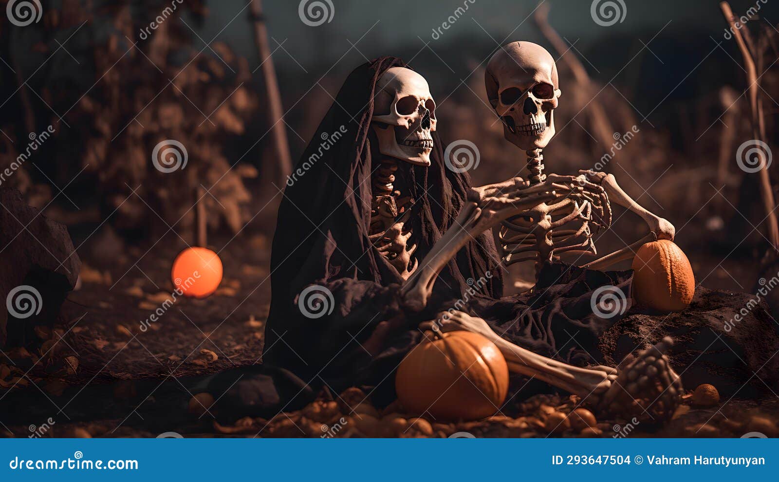 Halloween - Two Zombie Skeleton with Pumpkin Stock Illustration ...