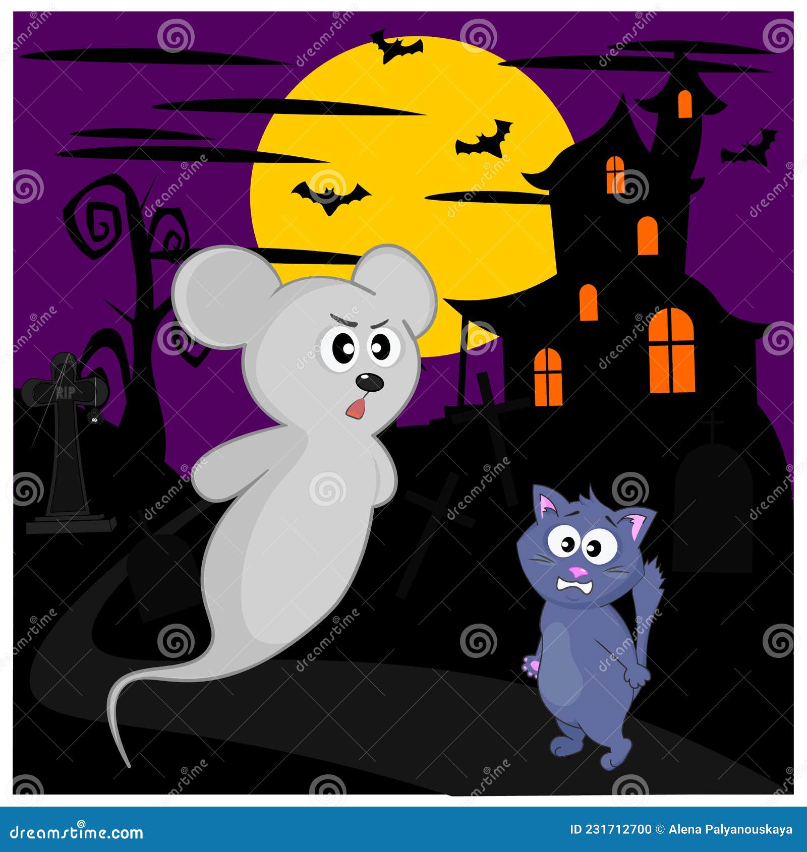 Cat Scared by a Ghost Mouse Stock Vector - Illustration of spooky, card ...