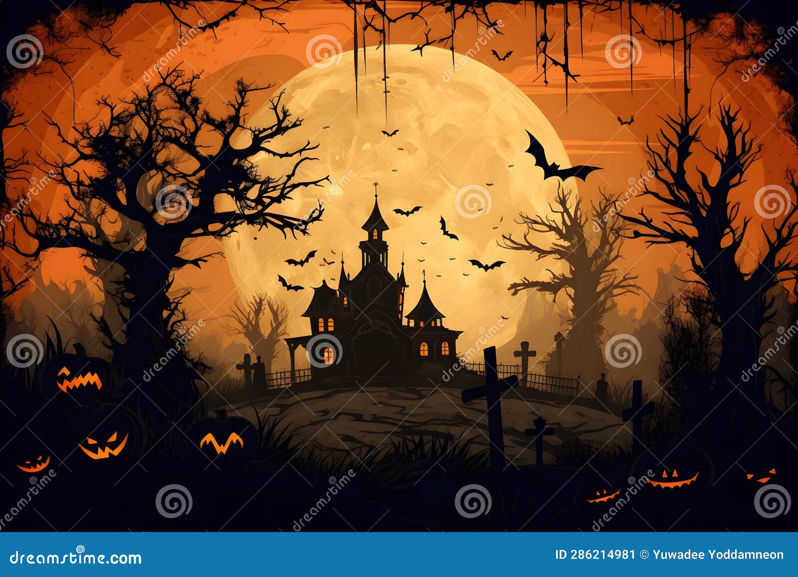 Halloween Wallpaper in the Dark Forest with Evil Pumpkins and Full Moon ...