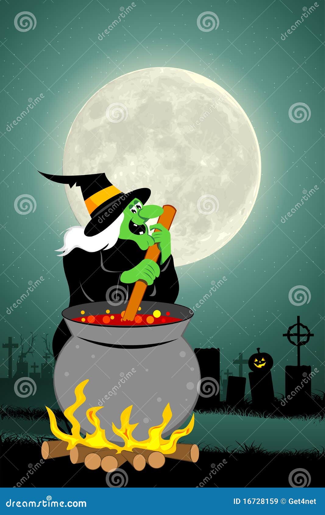 Witch Cooking, Castle And Full Moon Vector Illustration For Happy ...