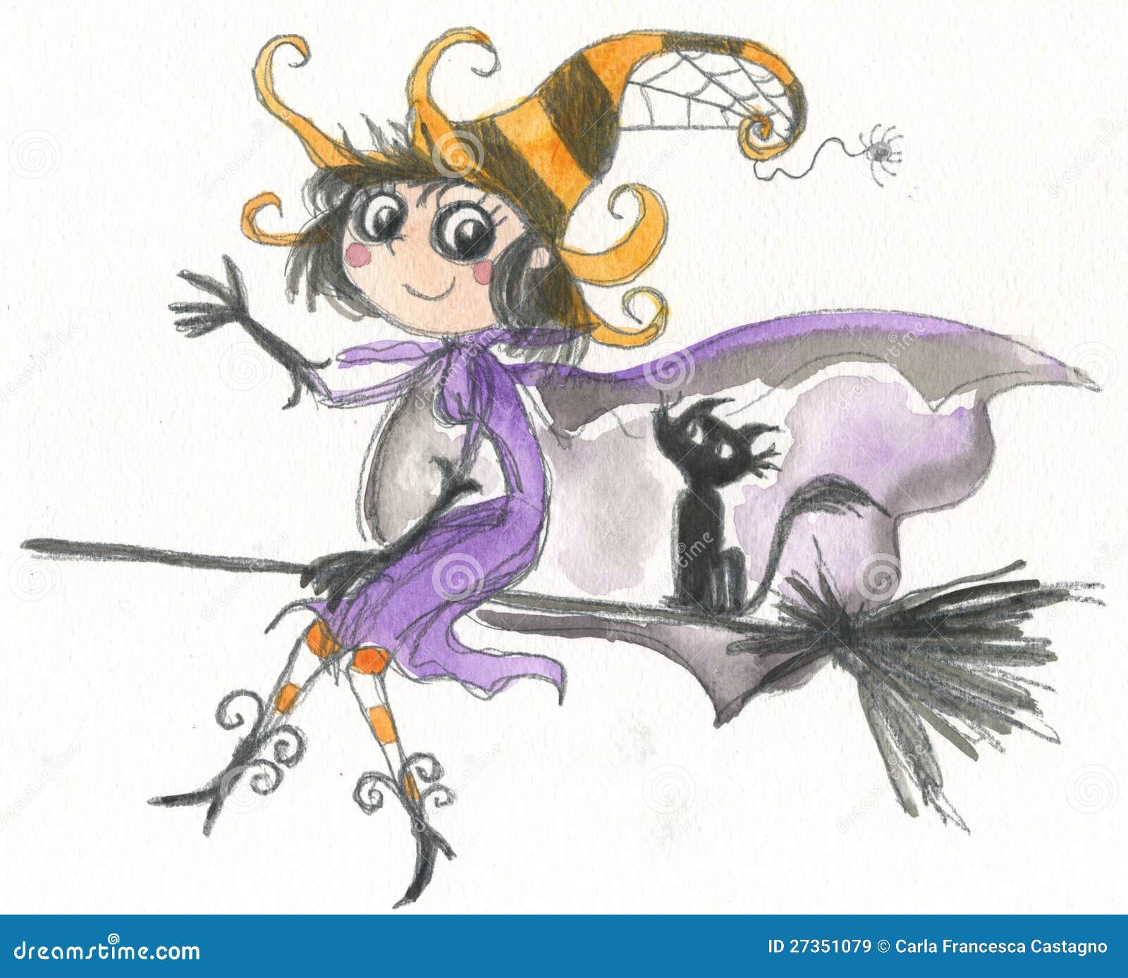 Halloween Witch Flying on Broomstick Stock Illustration - Illustration ...