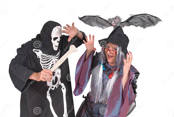 Halloween Witch and Skeleton Stock Photo - Image of devilish, witch ...
