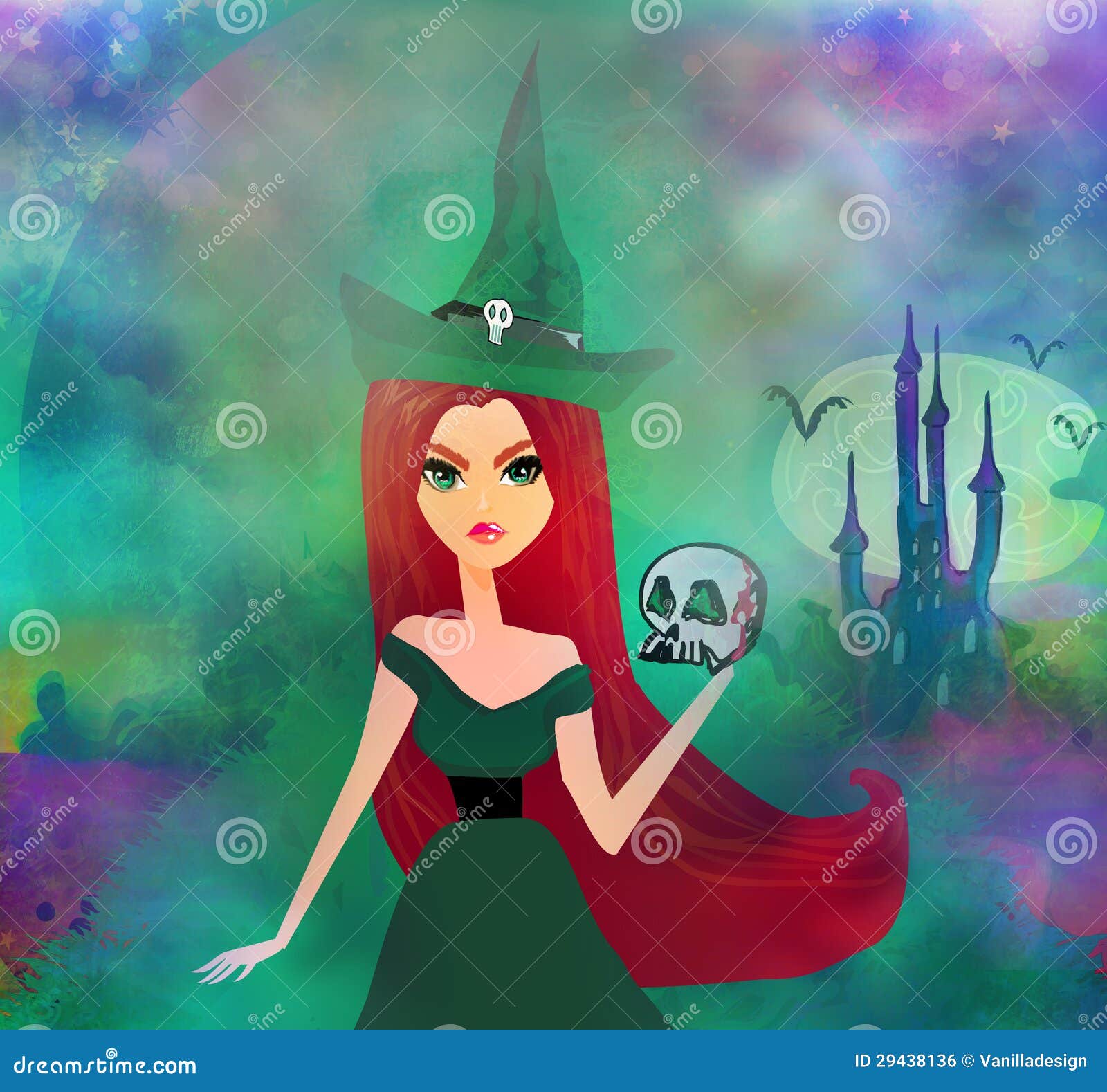 Halloween Witch Standing with Skull Stock Illustration - Illustration ...