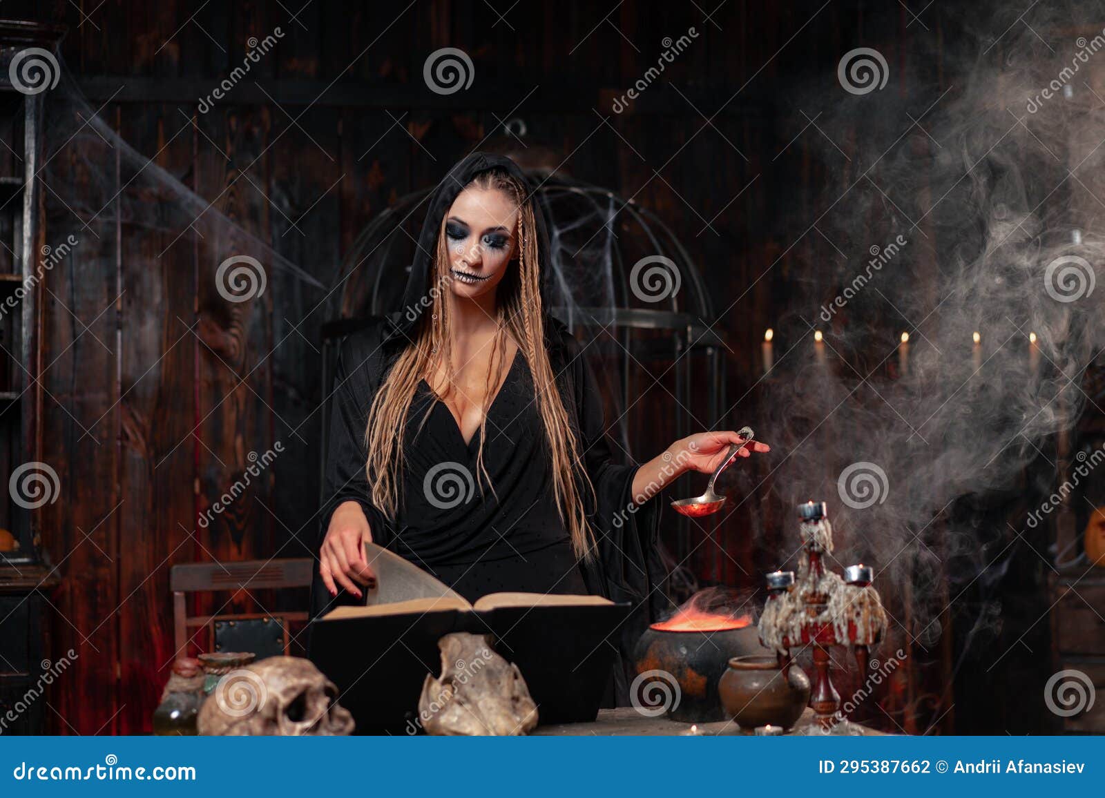 Halloween, Witch Use Magic Book and Cauldron Prepare Poison or Love ...