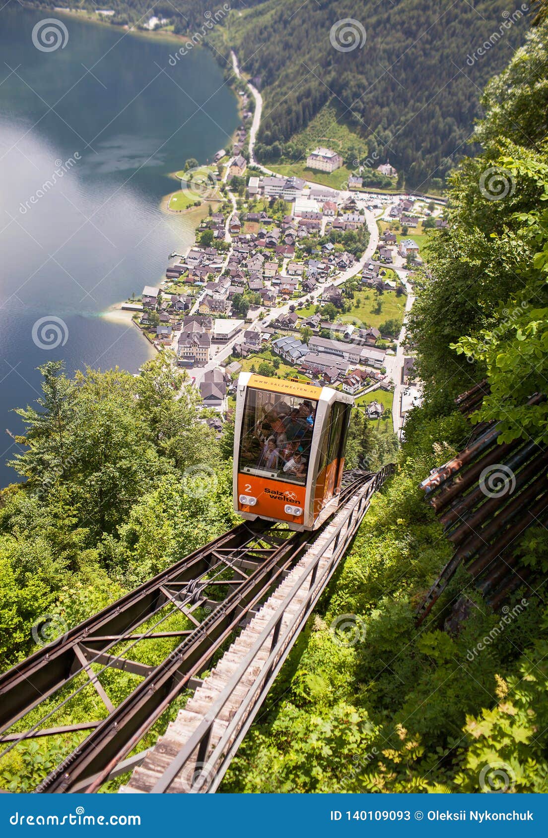 Hallstatt, Austria - May 31, 2018: Funicular Climbs Up the Railway ...