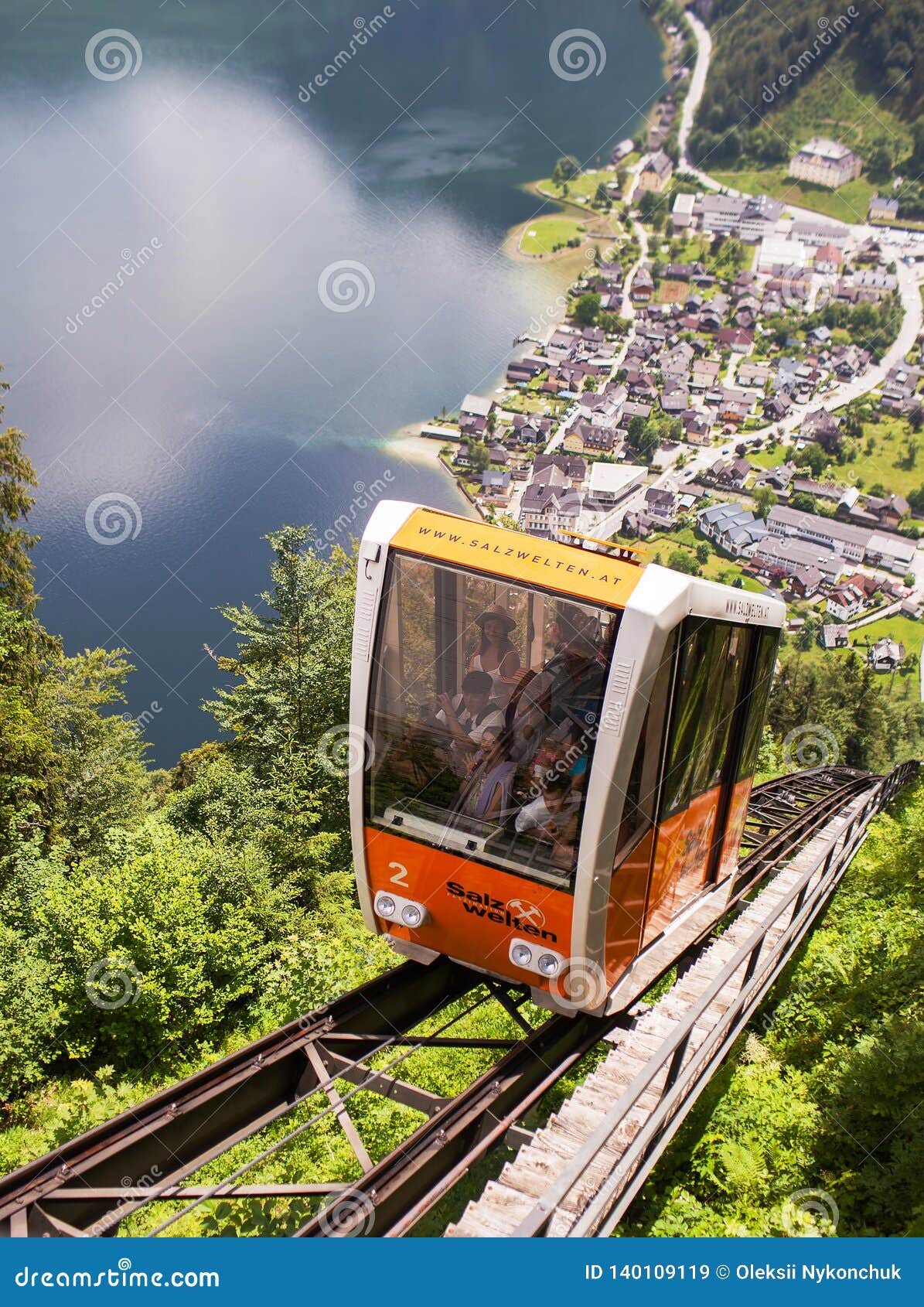 Hallstatt, Austria - May 31, 2018: Funicular Climbs Up the Railway ...