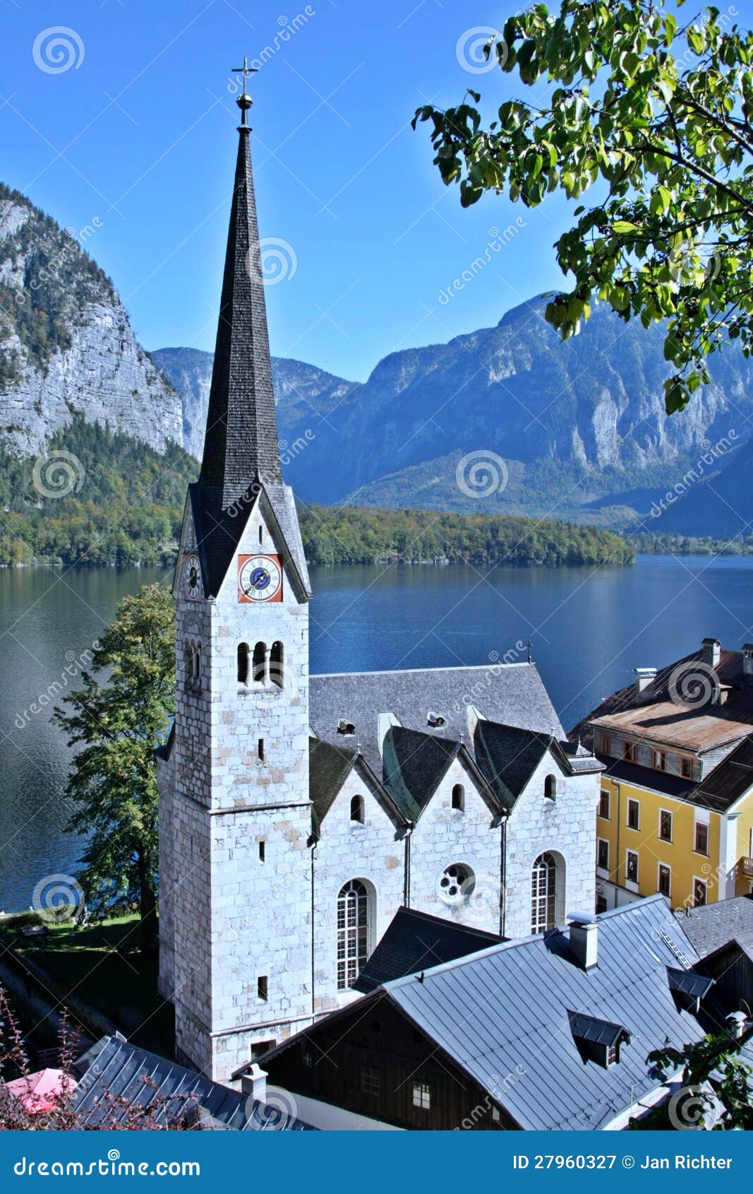 Hallstatt church stock image. Image of church, blue, lake - 27960327