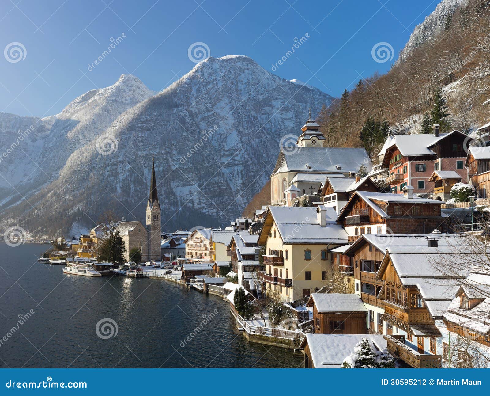 Hallstatt in winter stock photo. Image of mountain, church - 30595212