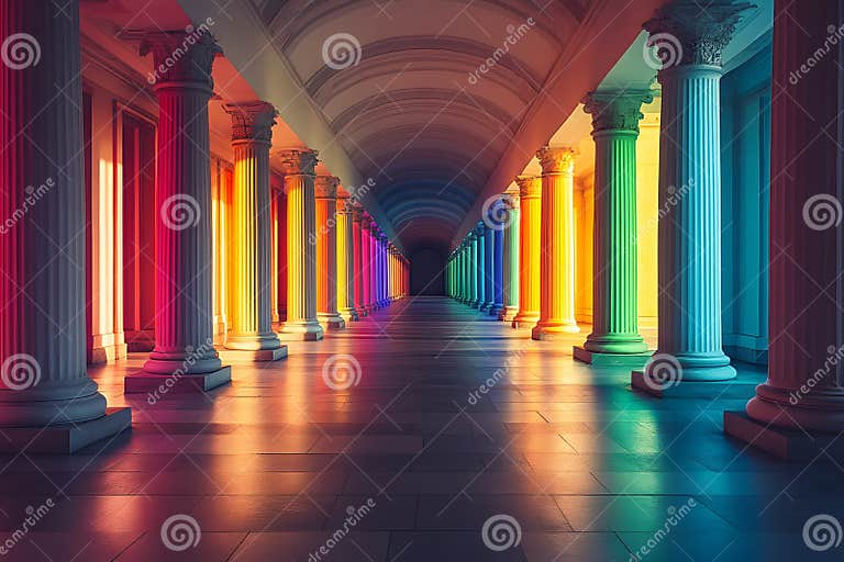 Rainbow-Colored Classical Columns in a Majestic Hallway Architecture ...