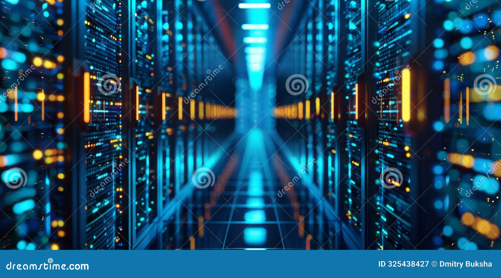 A Hallway within a Data Center Illuminated by Blue and Orange Lights ...