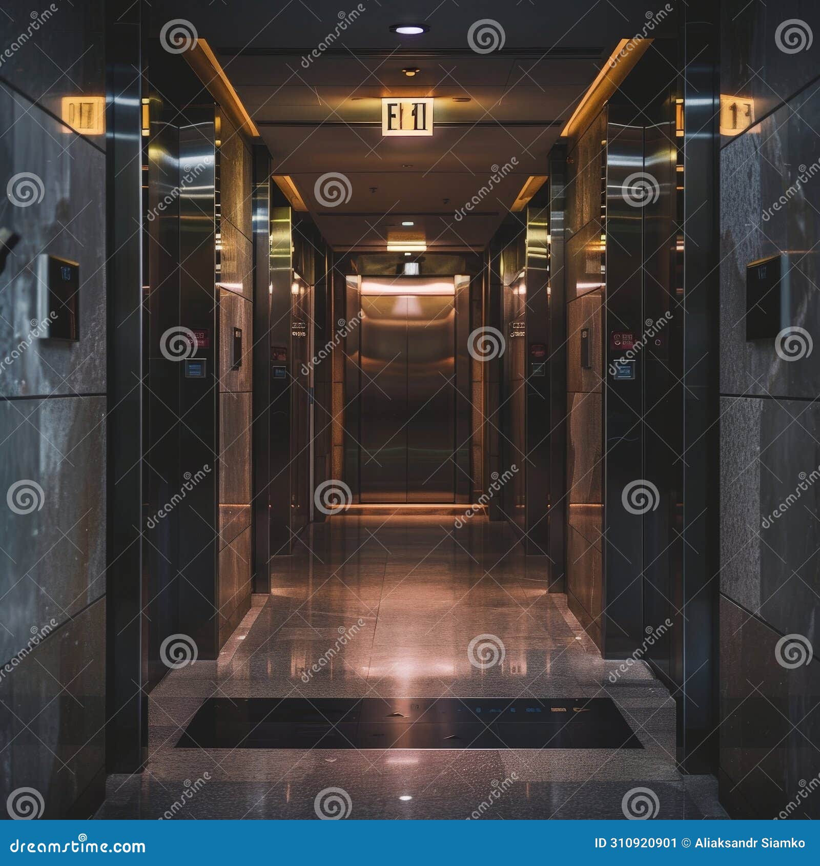 A Hallway with Elevator Doors and a Light on the Ceiling Stock Image ...