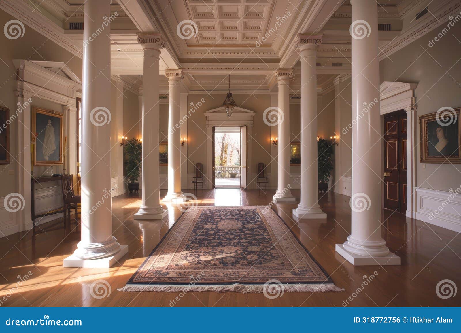 A Hallway Featuring Doric Columns and a Rug on the Floor, Capture the ...