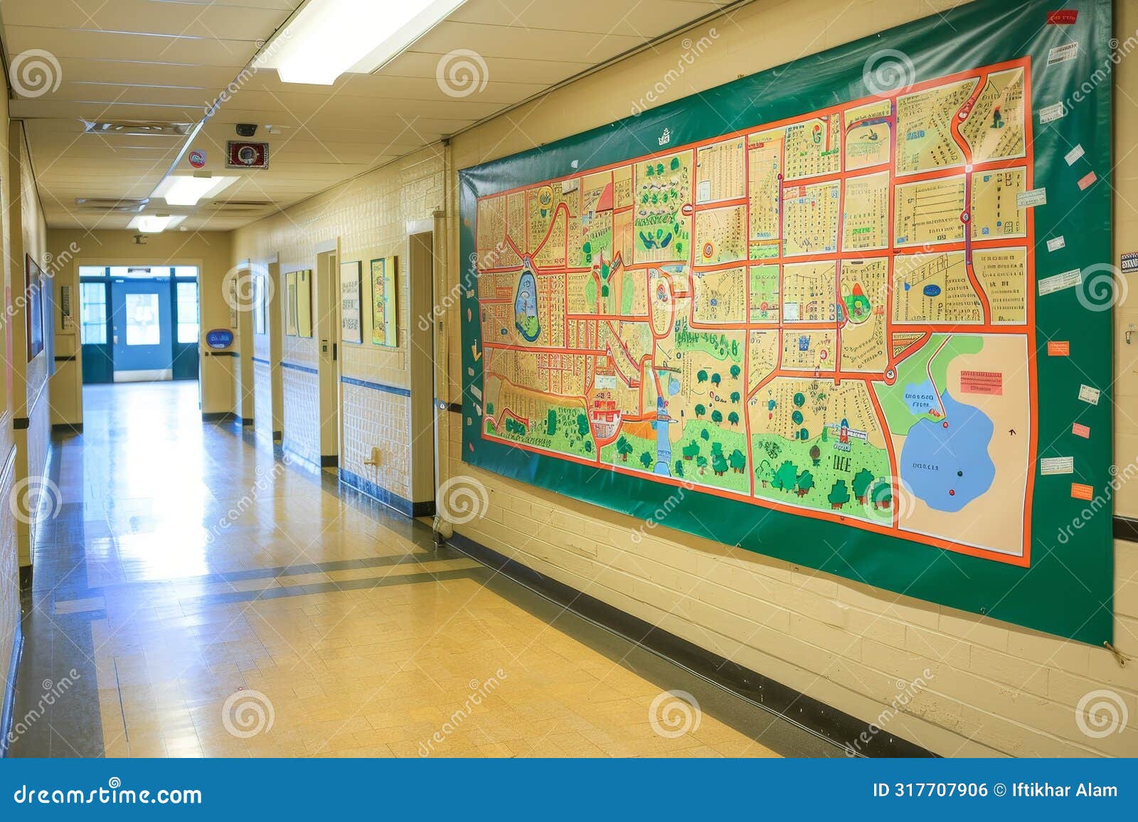 A Hallway Featuring a School Map Hanging on the Wall for Navigation and ...