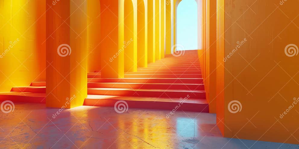 Hallway Featuring Yellow Columns and Red Steps Stock Illustration ...