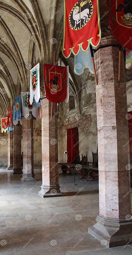 Hallway with Flags in a Medieval Castle Stock Photo - Image of history ...