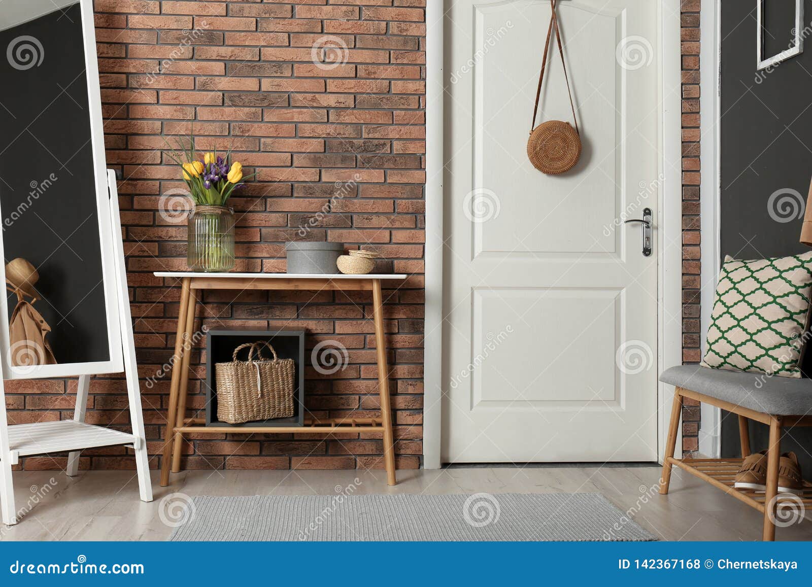 Hallway Interior with Stylish Table Stock Photo - Image of floor ...