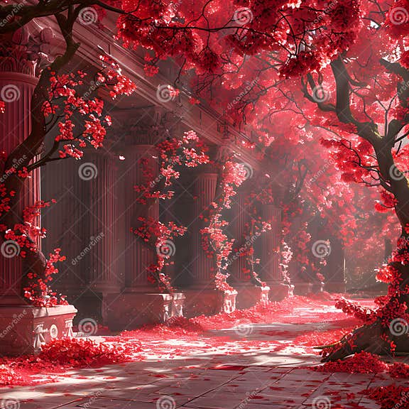 Hallway Lined with Columns, Trees Adorned with Pink Leaves Stock Photo ... Hallway Lined with Columns, Trees Adorned with Pink Leaves Stock Photo ...