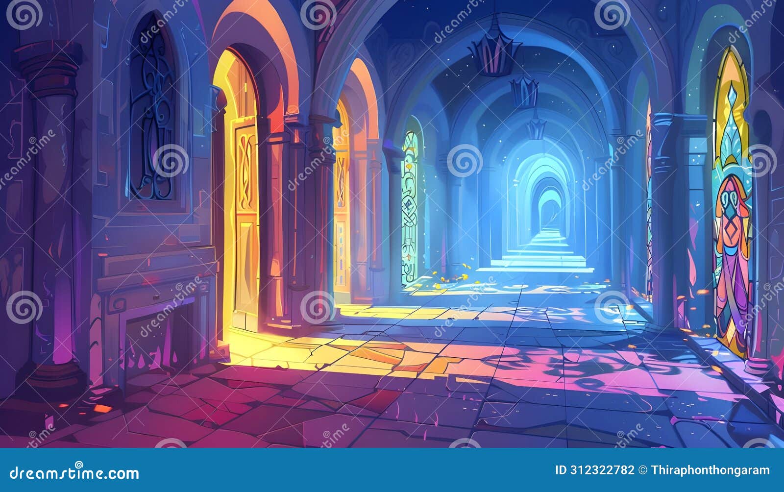 Hallway with many doors stock illustration. Illustration of fantasy ...