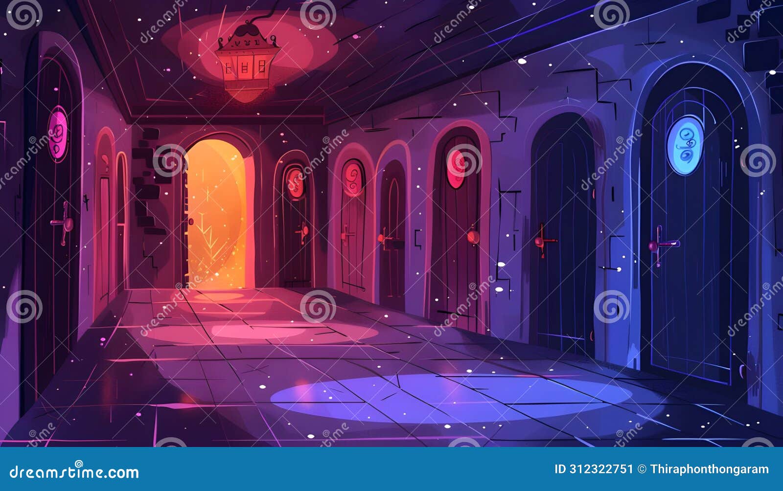 Hallway with many doors stock illustration. Illustration of corridor ...