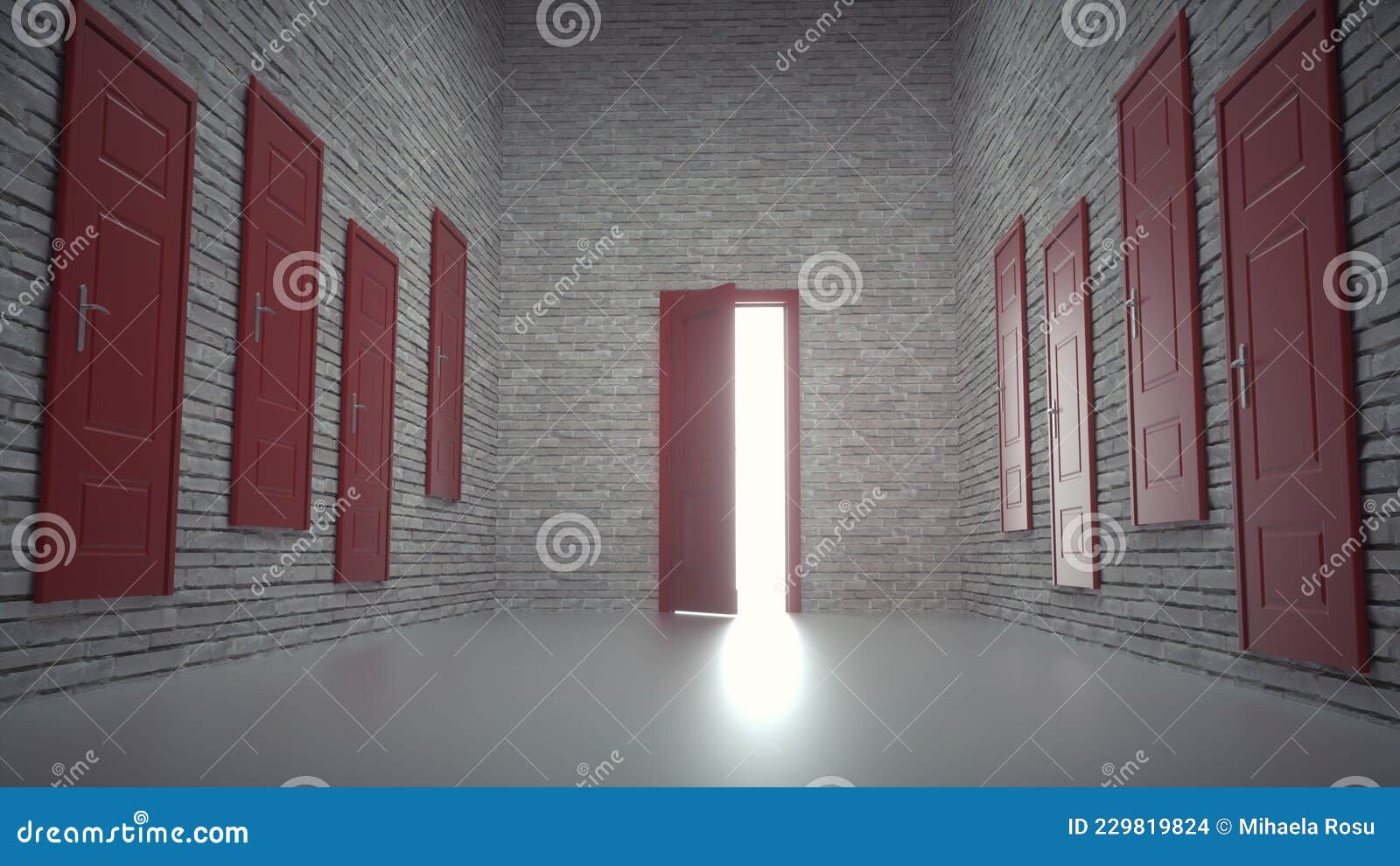 Hallway with Many Doors on the Walls and One Open Stock Illustration ...
