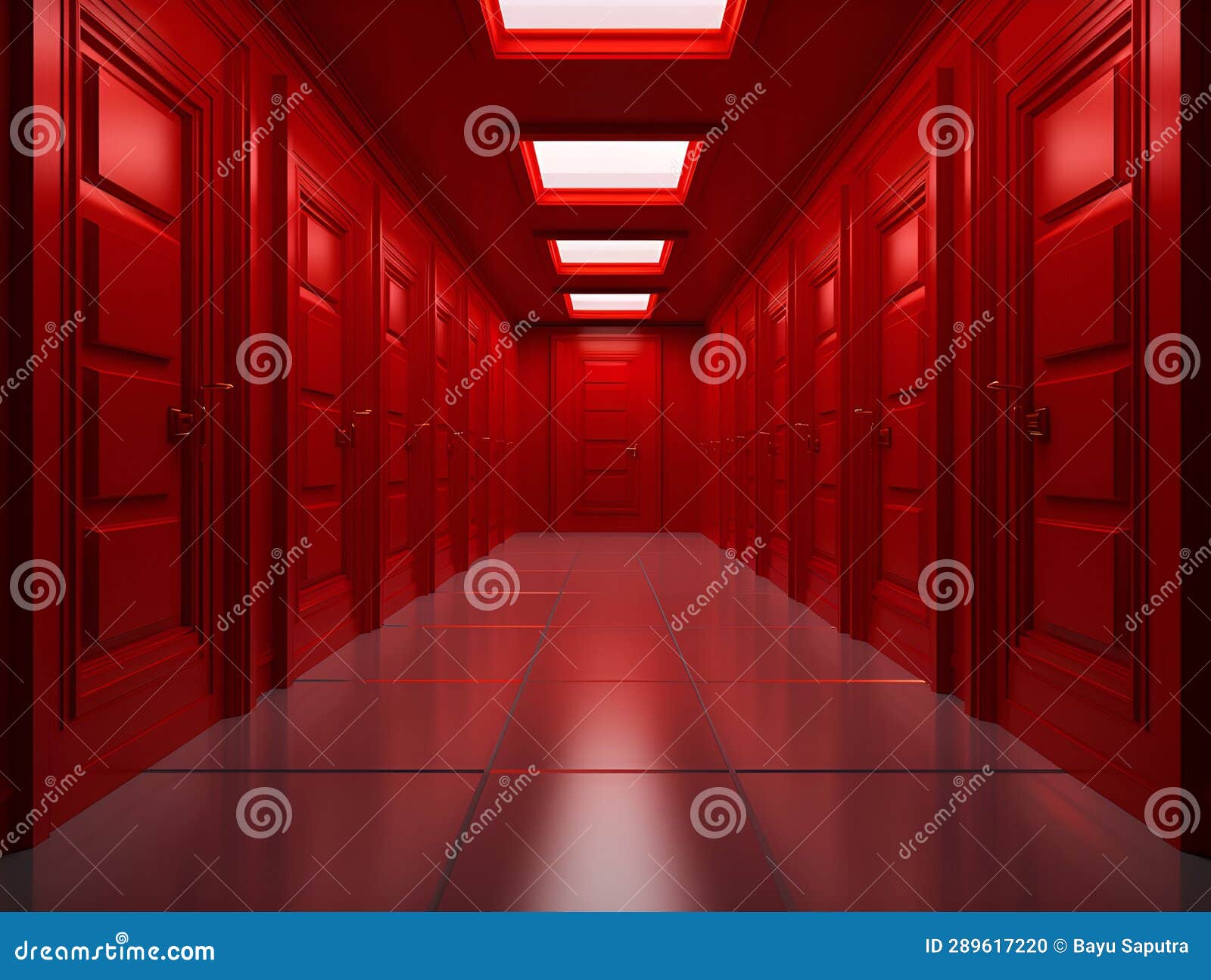 Hallway with Many Red Doors, Ai Generative Stock Illustration ...