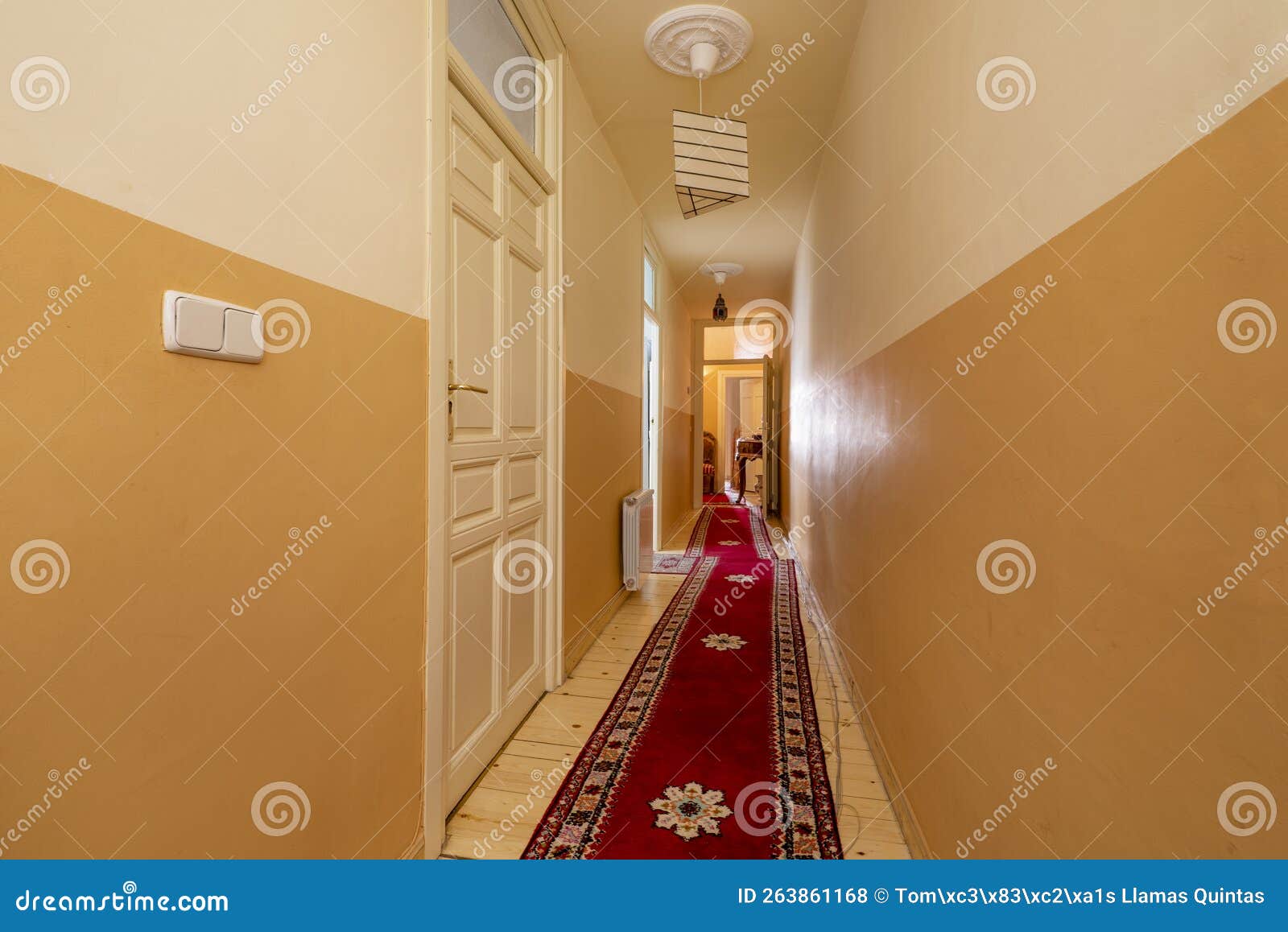 Hallway of an Old House with Pine Wood Flooring with Long Red Carpet ...