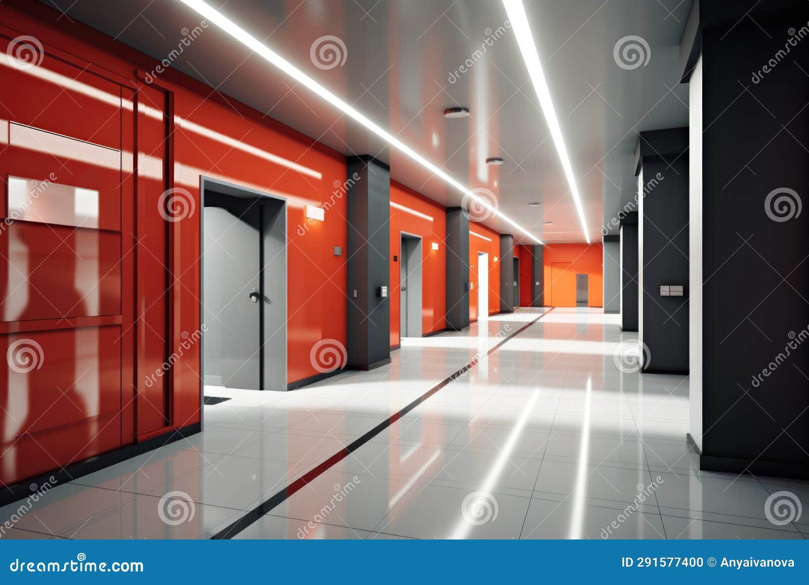 A Hallway with Orange Walls and White Floors. Stock Photo - Image of ...