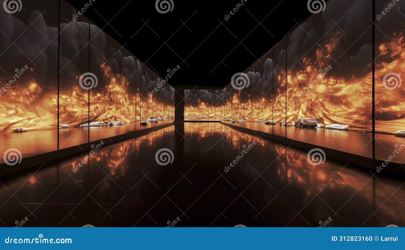 A Hallway with Reflective Floor, Displaying Fiery Explosion Scenes on ...