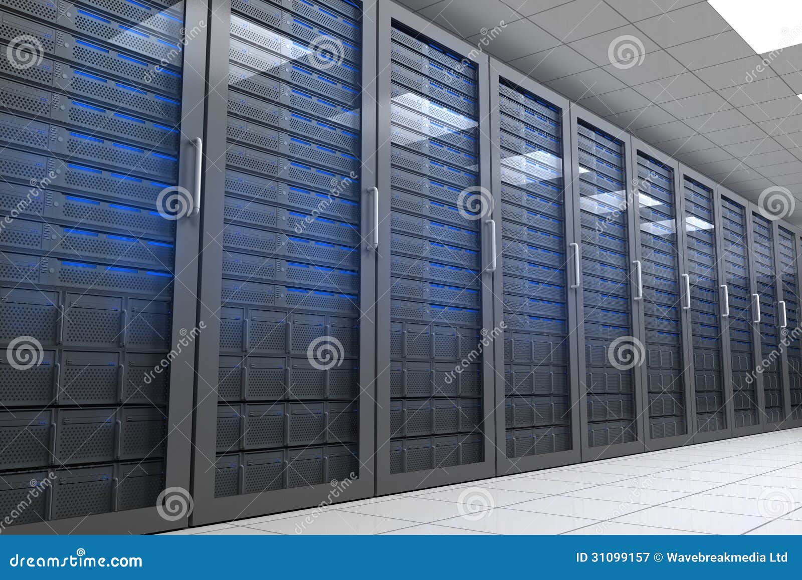 Hallway with Row of Tower Servers Stock Illustration - Illustration of ...